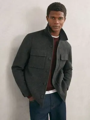 REISS Net Wool-blend Twin-pocket Overshirt - Charcoal Grey