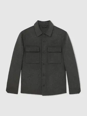 REISS Net Wool-blend Twin-pocket Overshirt - Charcoal Grey