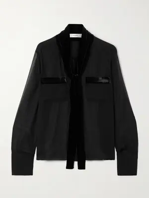 FRAME Pussy-bow Velvet-trimmed Silk-chiffon Blouse