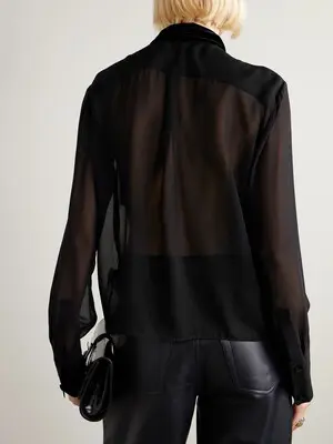 FRAME Pussy-bow Velvet-trimmed Silk-chiffon Blouse