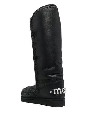 Mou Knee-high Rhinestone Logo Boots - Black