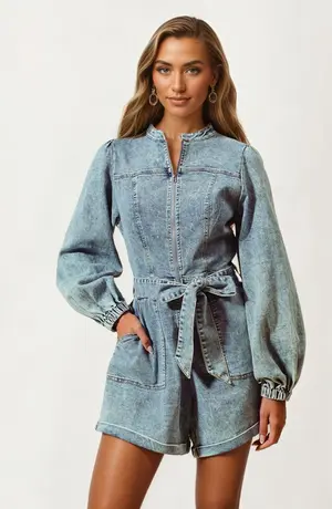 KNIT & LOUNGE Long Sleeve Belted Front Zip Denim Romper - Light Blue Denim