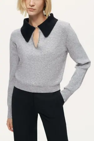 NOCTURNE Contrast Collar Keyhole Knit Sweater