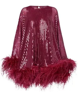 TALLER MARMO Vegas Sequined Feather-trimmed Chiffon Kaftan - Burgundy