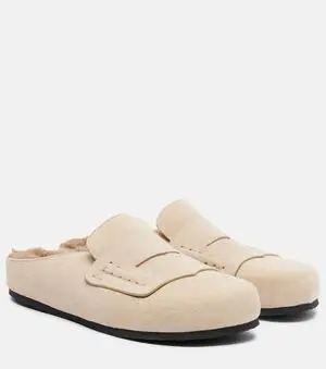 Jacquemus Shearling-Lined Suede Mules Beige