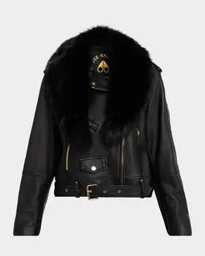 Moose Knuckles Sloan Leather Biker Jacket With Shearling Collar - Black