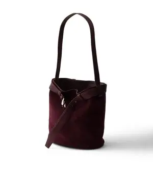 Prada Buckle Belted Suede Bucket Bag - Red