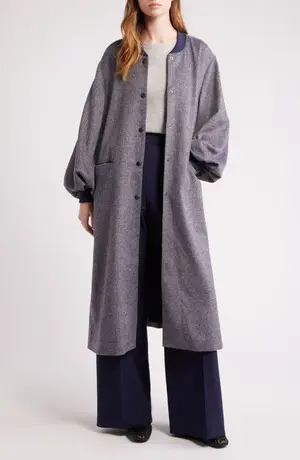 Dra Cameron Balloon Sleeve Wool Blend Long Coat - Navy Check
