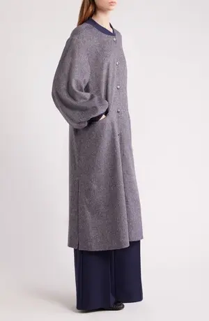 Dra Cameron Balloon Sleeve Wool Blend Long Coat - Navy Check
