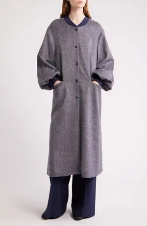 Dra Cameron Balloon Sleeve Wool Blend Long Coat - Navy Check