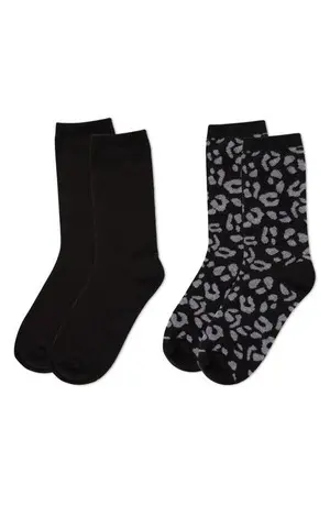 MEMOI 2-pack Leopard Crew Socks - Black
