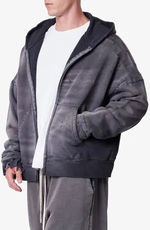 Mnml Distressed Thermal Lined Zip Hoodie - Black