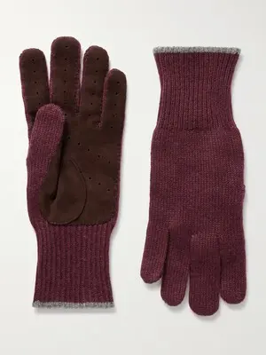 Brunello Cucinelli Suede-trimmed Ribbed Cashmere Gloves - Burgundy