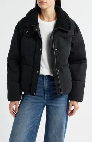LEVI'S Western Denim Faux Shearling Collar Puffer Jacket - Black Denim