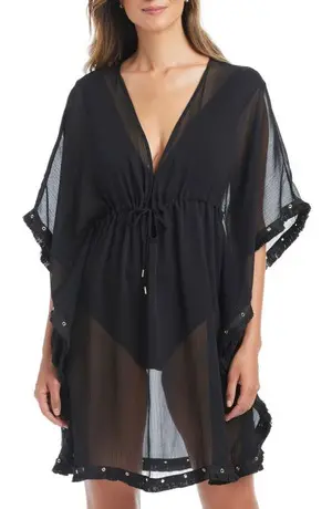 BLEU BY ROD BEATTIE Fringe Trim Sheer Cover-up Caftan - Black