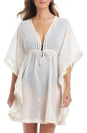 ROD BEATTIE Fringe Trim Sheer Cover-up Caftan - Coconut Water