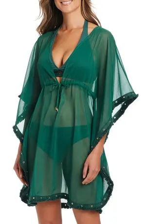 BLEU BY ROD BEATTIE Fringe Trim Sheer Cover-up Caftan Emerald Grove
