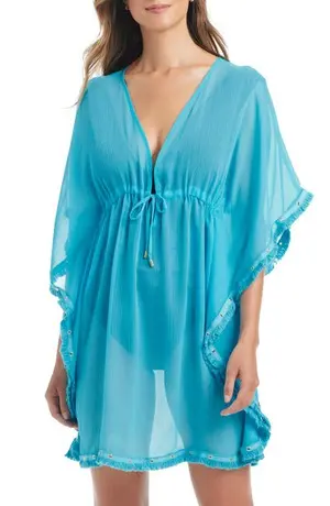 BLEU BY ROD BEATTIE Fringe Trim Sheer Cover-up Caftan - Waterfall
