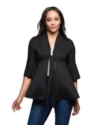 24SEVEN COMFORT APPAREL Tie-front Bell Sleeve Cardigan - Black