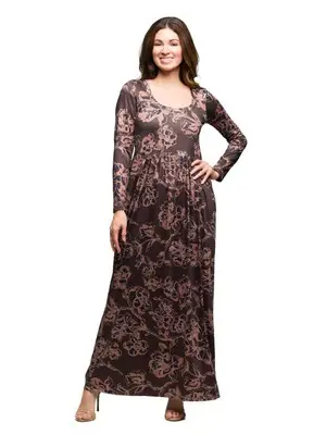 24SEVEN COMFORT APPAREL Floral Long Sleeve Scoop Neck Maxi Dress - Brown Multi