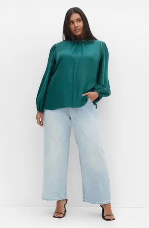 City Chic Lorelai Open Stitch Satin Top - Emerald
