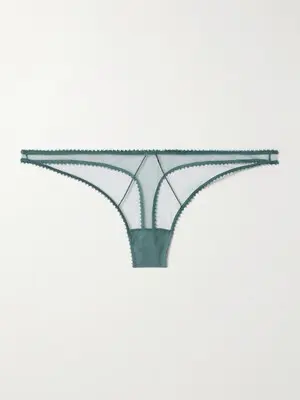 Kiki De Montparnasse Perle Embroidered Mesh Thong - Green