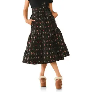 EDDY Quilted Floral Print Midi Skirt With Sash Waist Tie