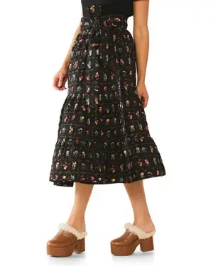 EDDY Quilted Floral Print Midi Skirt With Sash Waist Tie