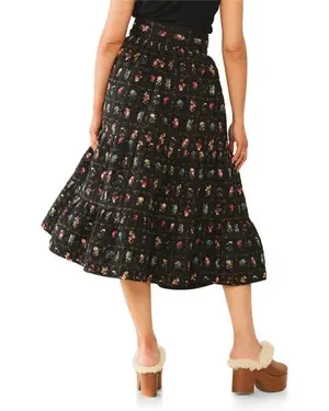 EDDY Quilted Floral Print Midi Skirt With Sash Waist Tie