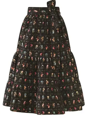 EDDY Quilted Floral Print Midi Skirt With Sash Waist Tie