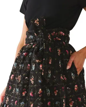 EDDY Quilted Floral Print Midi Skirt With Sash Waist Tie