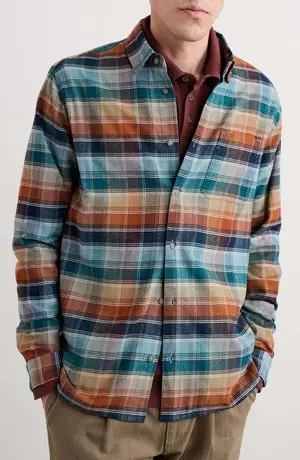 SEASALT CORNWALL Fathomer Plaid Organic Cotton Flannel Button-up Shirt - Root Cellar Light Wade