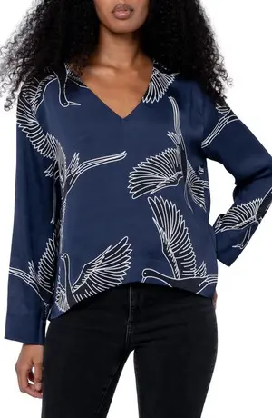 CIEBON Jones Bird Print V-neck Top - Navy Multi