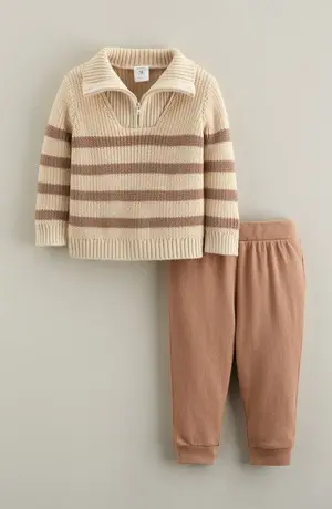Nordstrom Stripe Quarter Zip Sweater & Joggers Set - Brown Affogato - Beige Swan