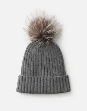 Lafayette 148 New York Cashmere Beanie With Fox Fur Pom - Graphite Melange