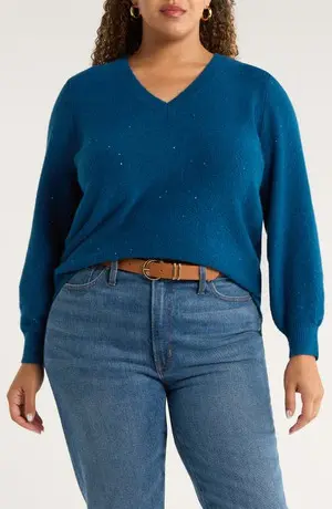 Caslon Sequin V-neck Sweater - Blue Poseidon