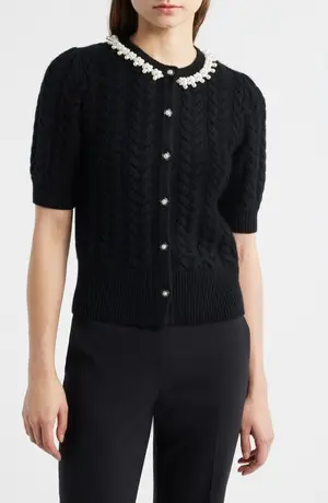 Elie Tahari Ella Embellished Cable Knit Cardigan - Noir