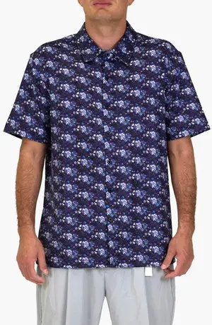 VAST Digi Floral Aqua Terra Performance Short Sleeve Button-up Shirt - Blue Multi