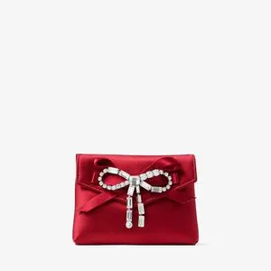 JIMMY CHOO Soft Card Holder With Chain Ruby Red Satin Cardholder With Crystal Bow - Ruby Red/silver