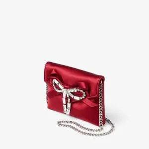 JIMMY CHOO Soft Card Holder With Chain Ruby Red Satin Cardholder With Crystal Bow - Ruby Red/silver