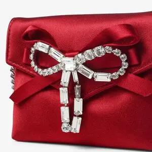 JIMMY CHOO Soft Card Holder With Chain Ruby Red Satin Cardholder With Crystal Bow - Ruby Red/silver