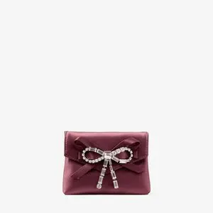 JIMMY CHOO Soft Card Holder With Chain Deep Merlot Satin Cardholder With Crystal Bow - Deep Merlot/silver