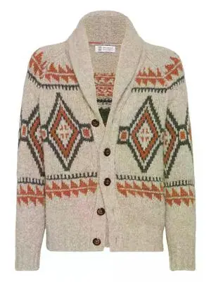 Brunello Cucinelli Geometric-jacquard Cardigan - Neutrals
