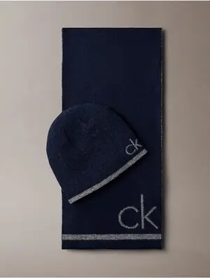 Calvin Klein Flocked Monogram Beanie And Scarf Set - Medieval Blue