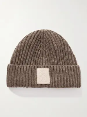 Loewe Logo-appliquéd Ribbed Cashmere Beanie - Brown