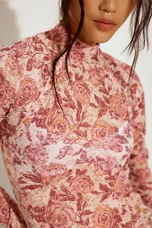 Free People Lyric Sheer Lace Turtleneck Top - Pink Combo