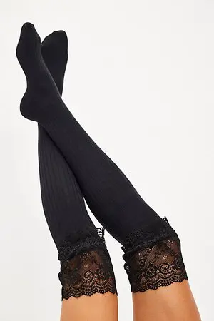 Free People Lace Trim Over-the-knee Socks - Black