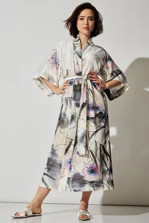 Natori Hiyaku Printed Charmeuse Robe - Stripe