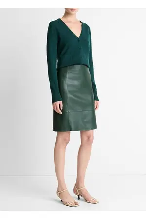 Vince Leather Flared Knee Skirt