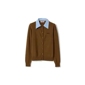 Miu Miu Cashmere Cardigan With Detachable Collar - Tobacco/celeste